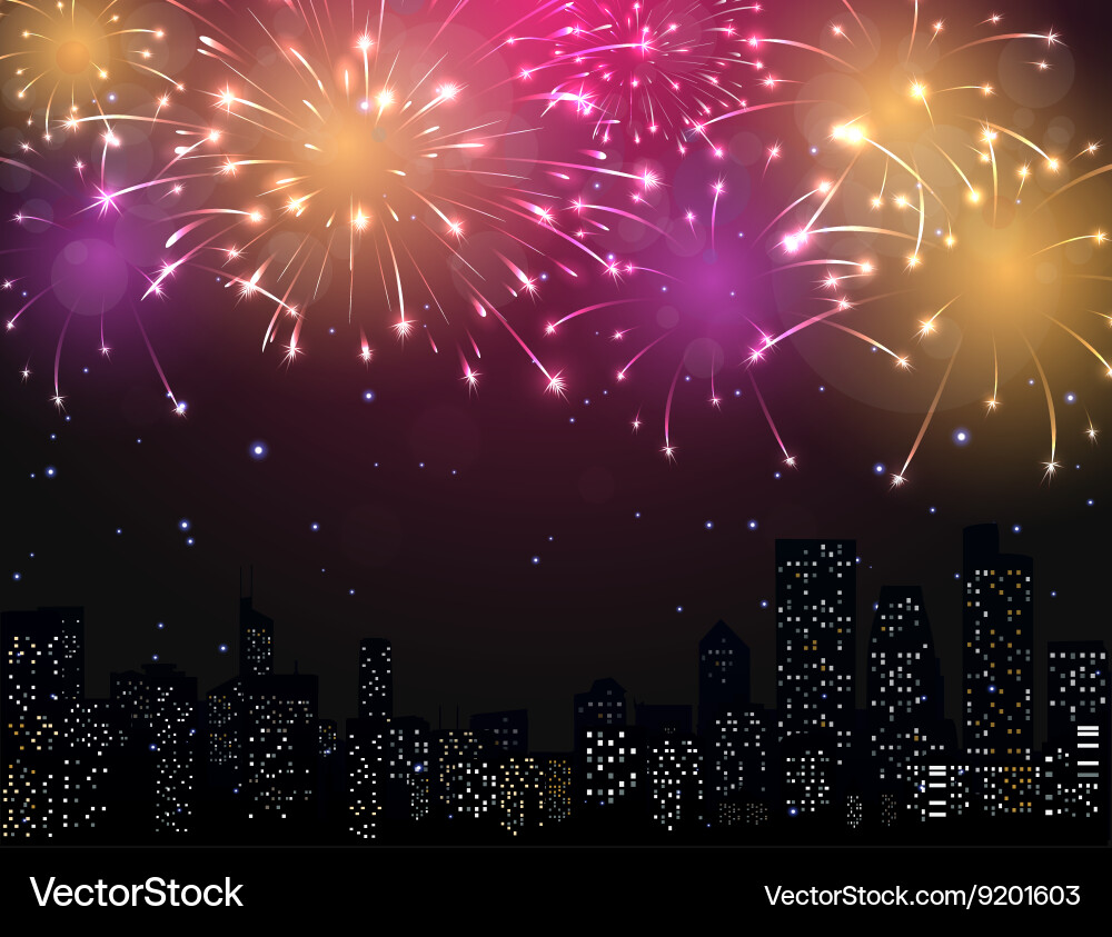 Beautiful fireworks display with city skyline Vector Image