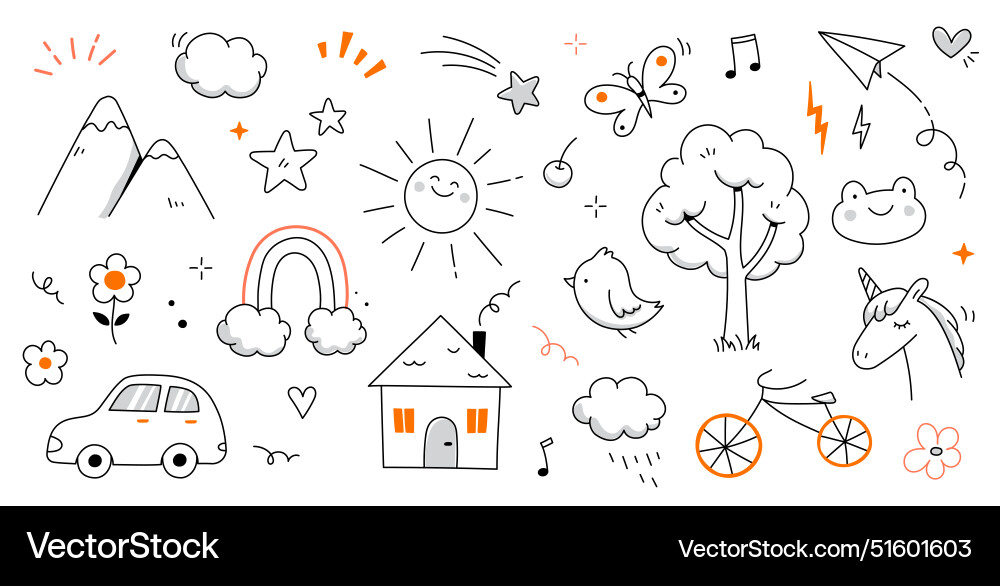 Kid cute doodle set sun house tree Royalty Free Vector Image