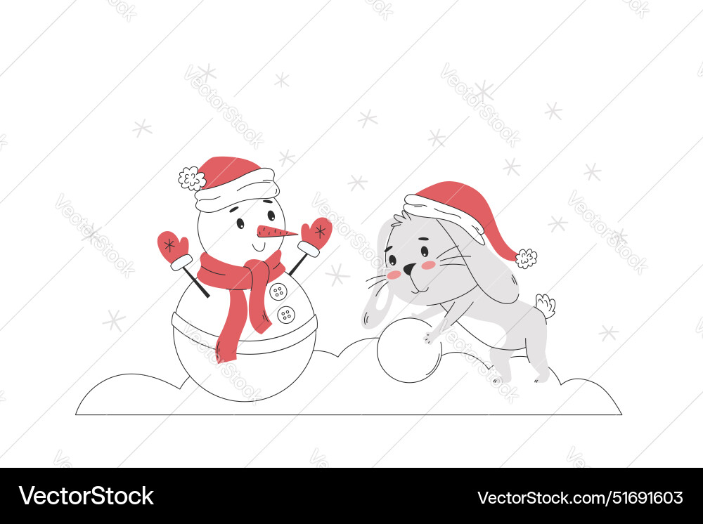 Rabbit rolls a snowball makes snowman Royalty Free Vector