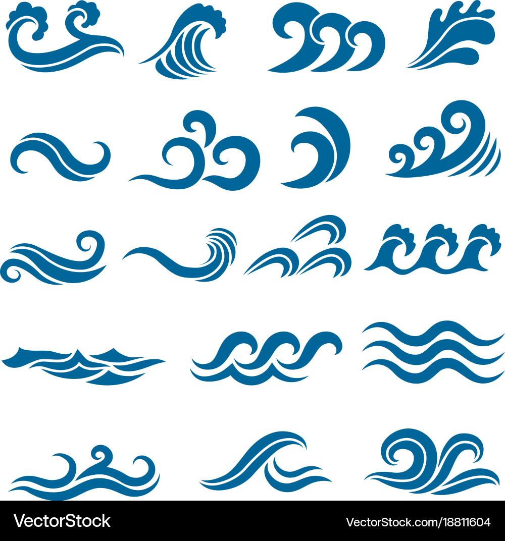Big set of stylized ocean waves colored Royalty Free Vector