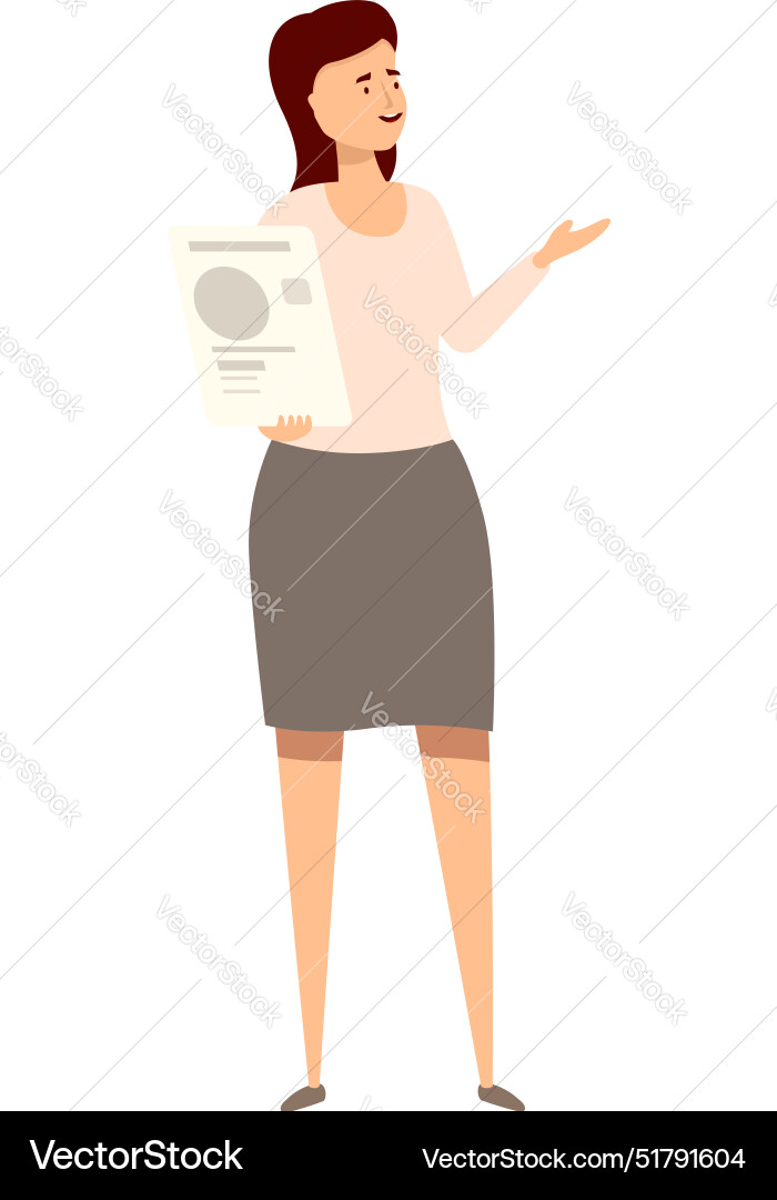 Businesswoman holding document and gesturing Vector Image