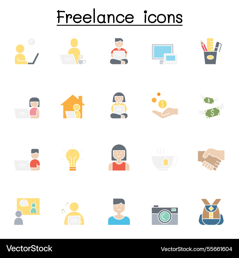 Freelance icon set in flat color style Royalty Free Vector
