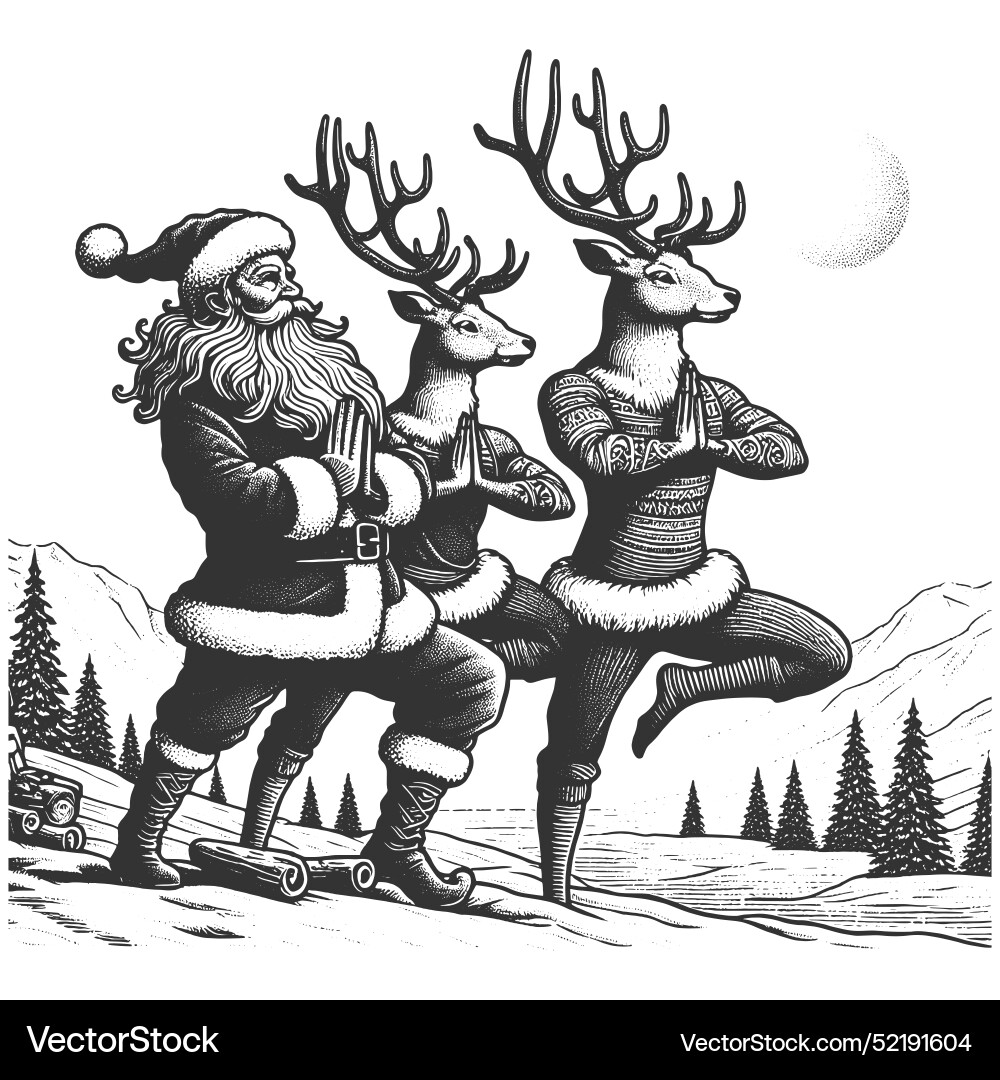 Santa claus and reindeer practicing yoga Vector Image
