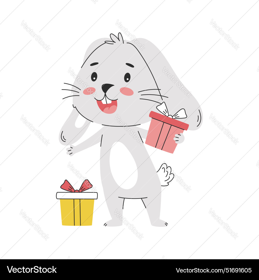 A cute happy rabbit holding gift boxes Royalty Free Vector