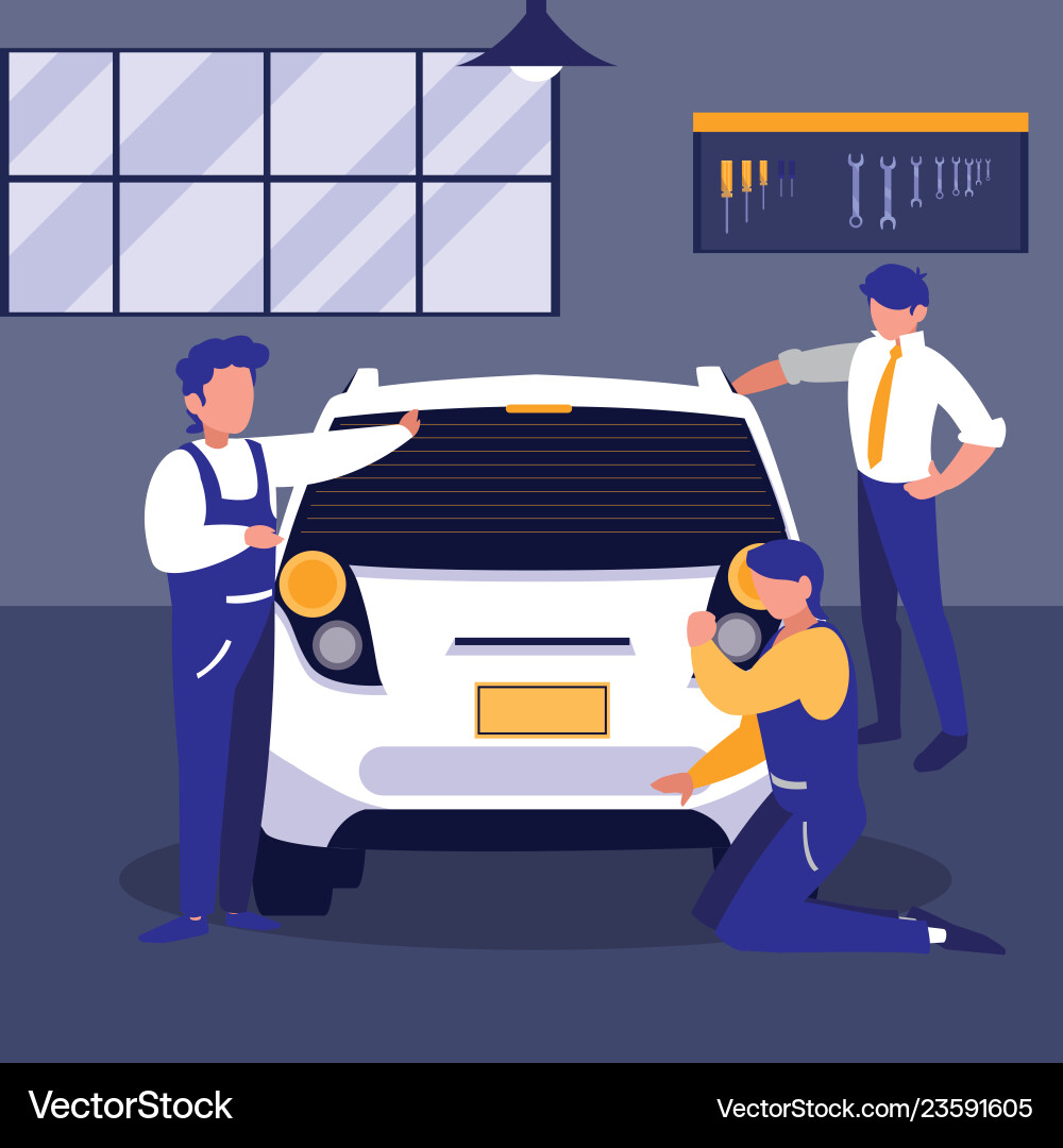 Car in maintenance workshop with mechanics team Vector Image