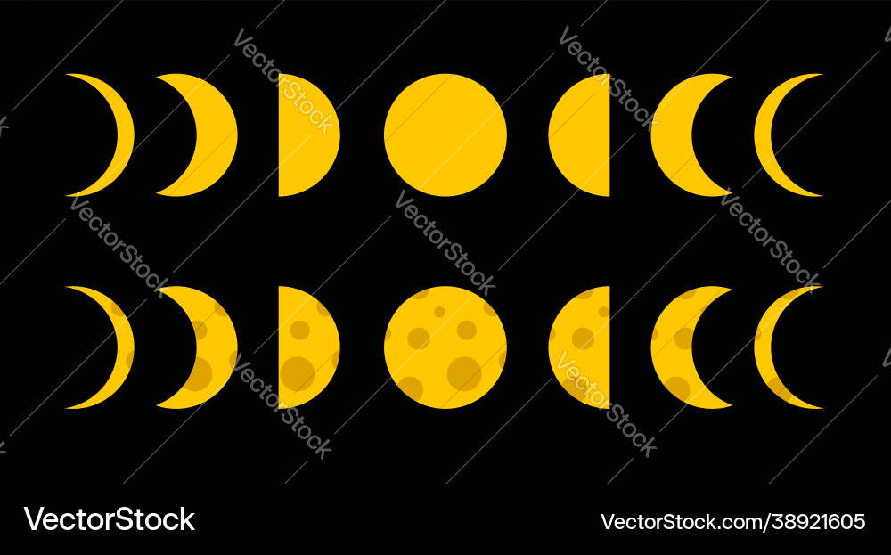 Moon phases yellow icon set lunar disc Royalty Free Vector