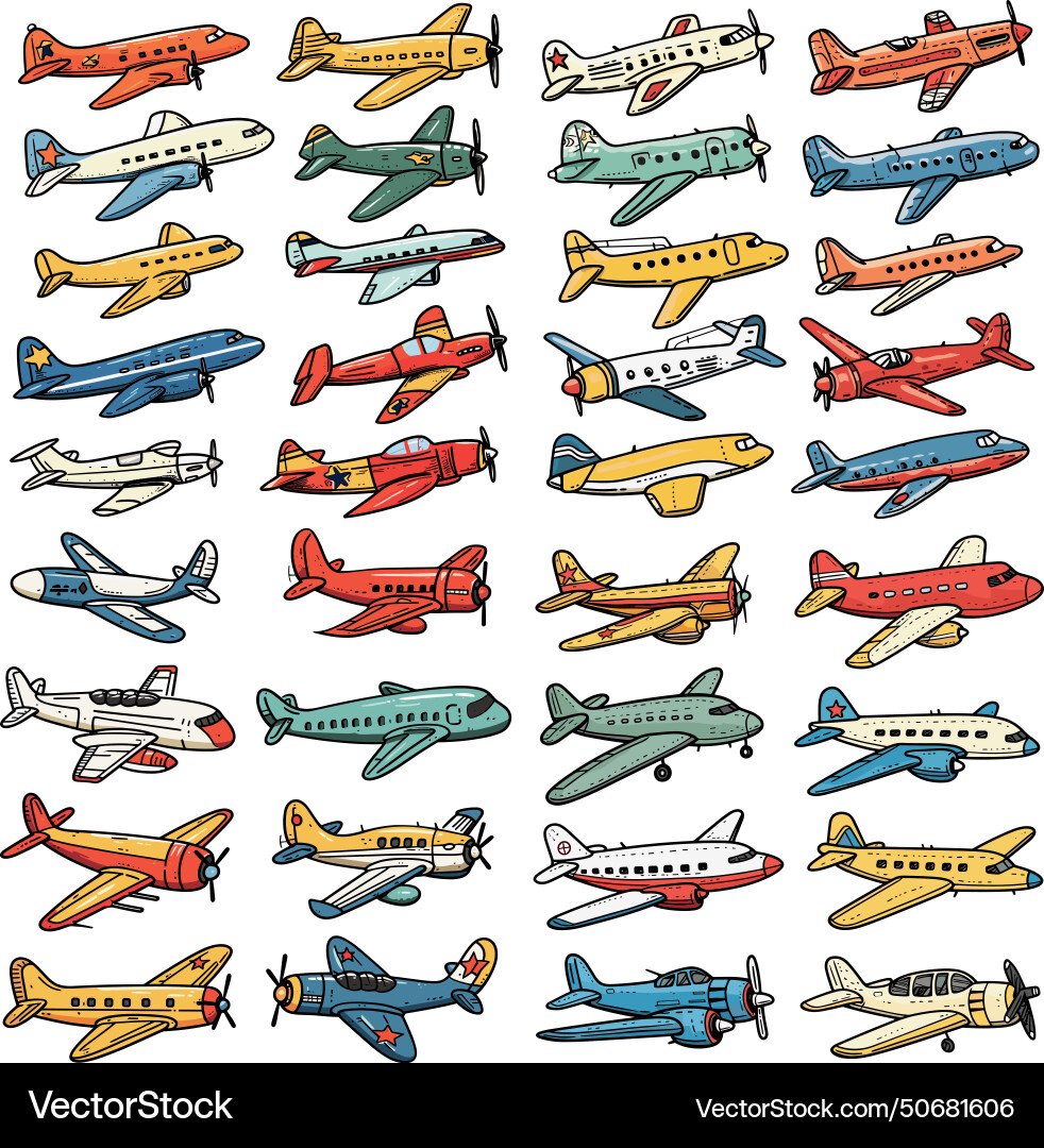 Planes in cartoon style big bundle of linear Vector Image