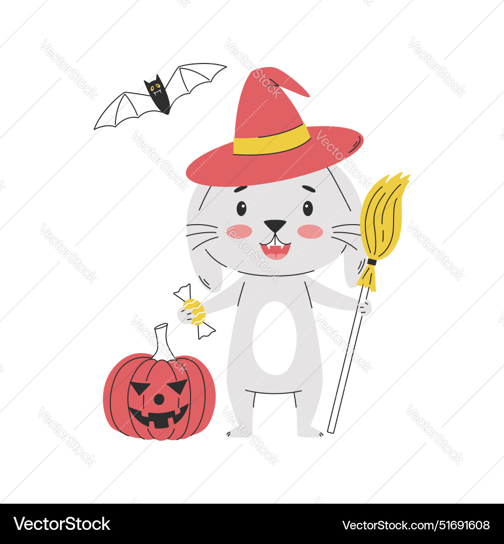 Cute smiling rabbit in a witch s hat Royalty Free Vector