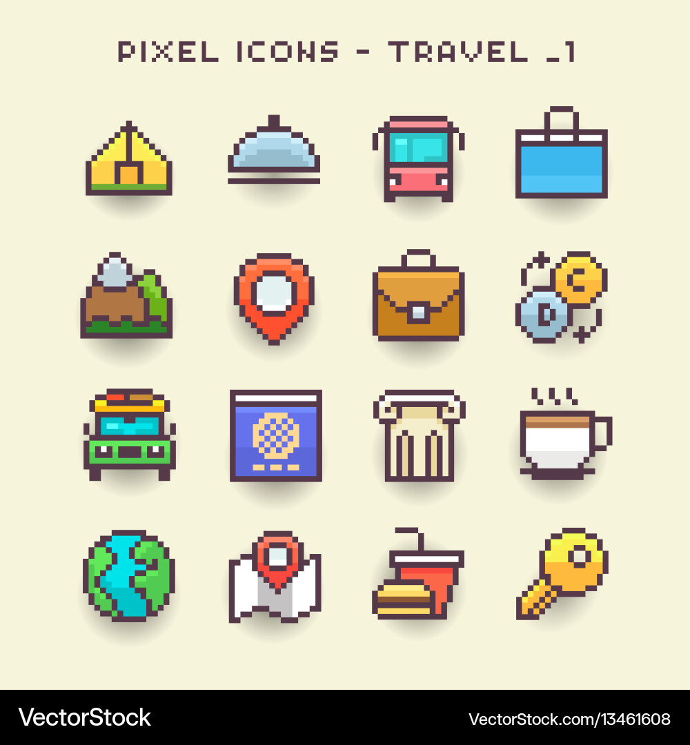 Pixel Travel Icons Royalty Free Vector Image - VectorStock