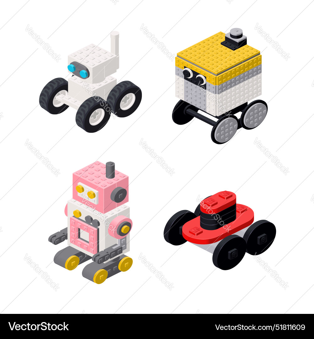 A set of isometric robots assembled from cubes Vector Image