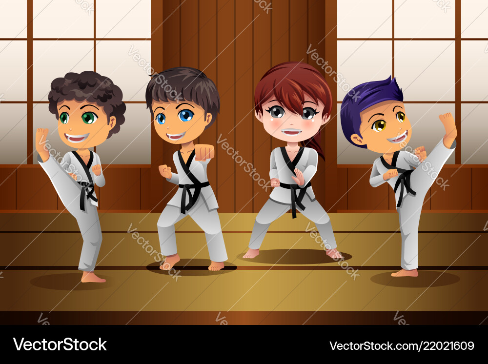 Kids in a Dojo Practicing Karate Royalty Free Vector Image