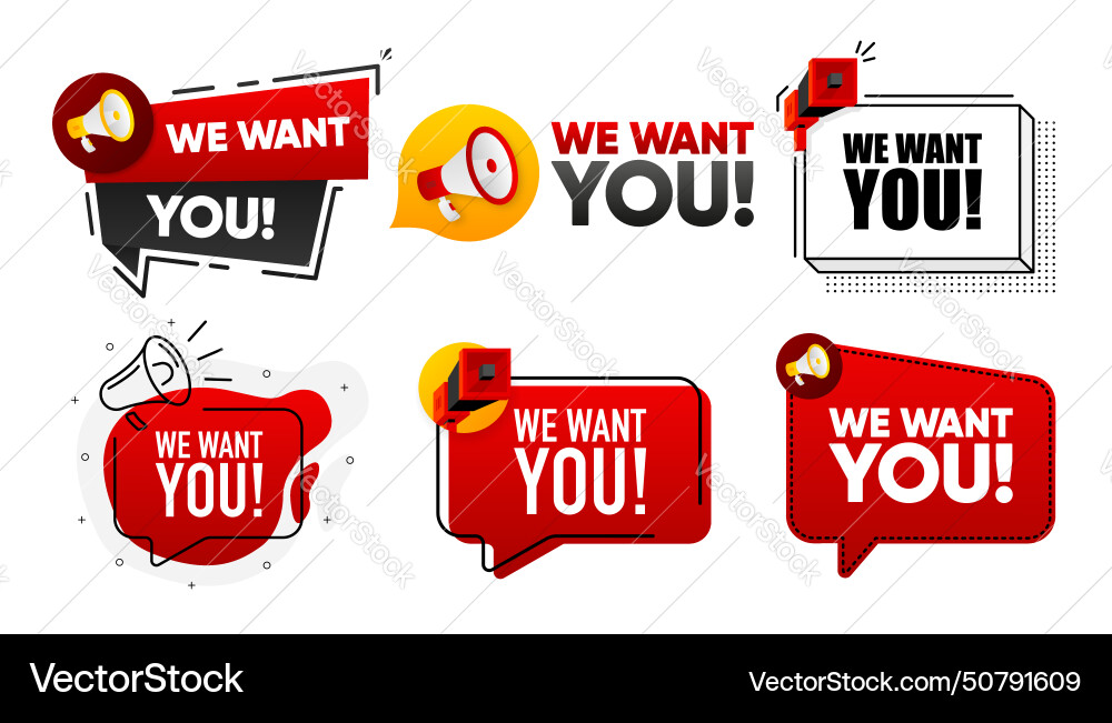 We want you megaphone label collection with text Vector Image