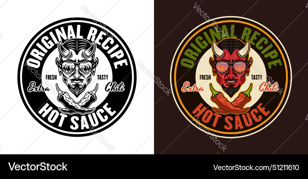 Hot sauce emblem label badge with devil Royalty Free Vector