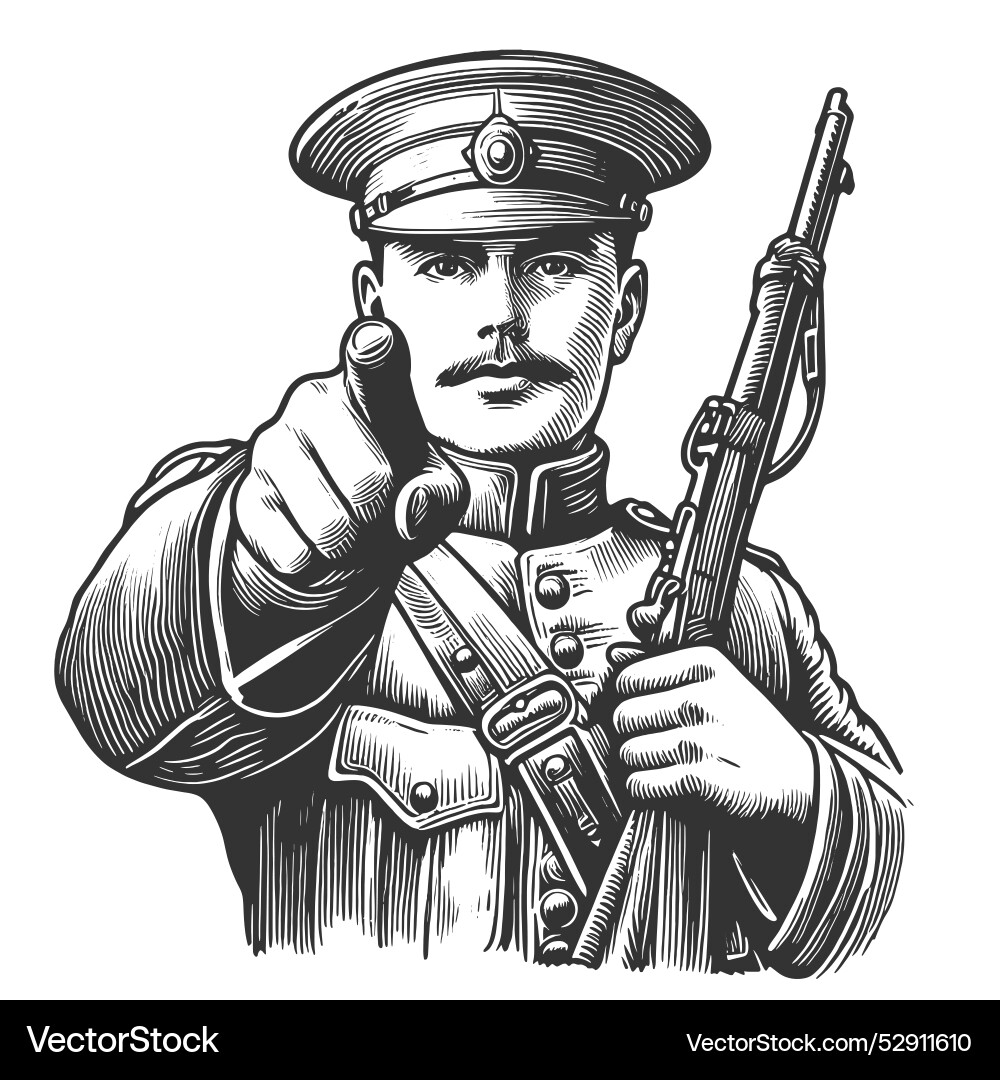 Soldier pointing forward recruitment pose Vector Image