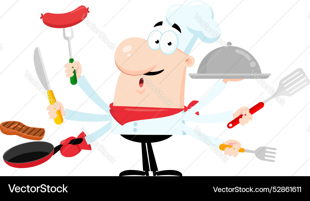 Chef man cartoon character multitasking at kitchen