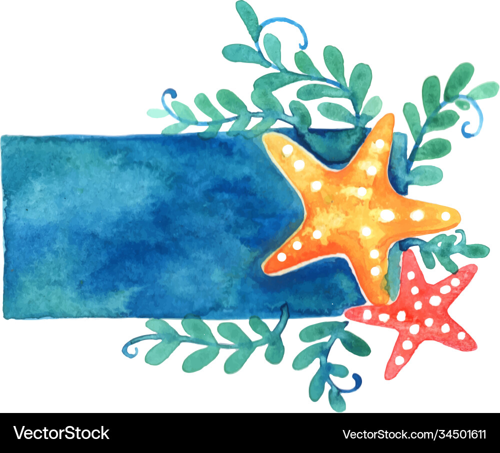 Starfish and seaweed frame watercolor Royalty Free Vector