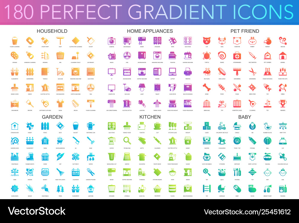 180 trendy perfect gradient icons set Royalty Free Vector