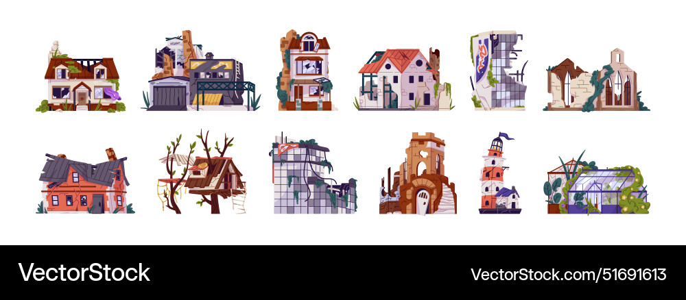 Destroyed buildings set city collapses Royalty Free Vector