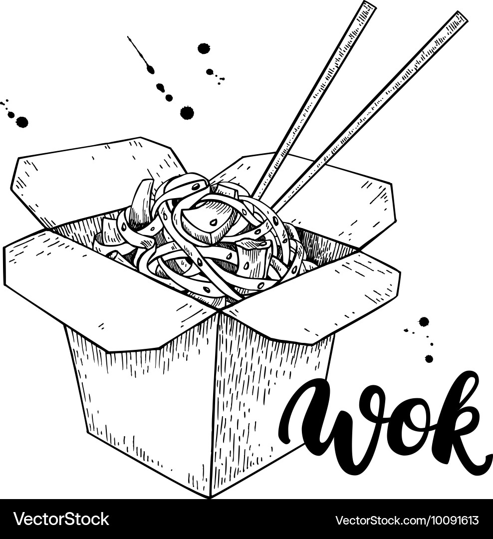 Wok drawing with lettering isolated Royalty Free Vector