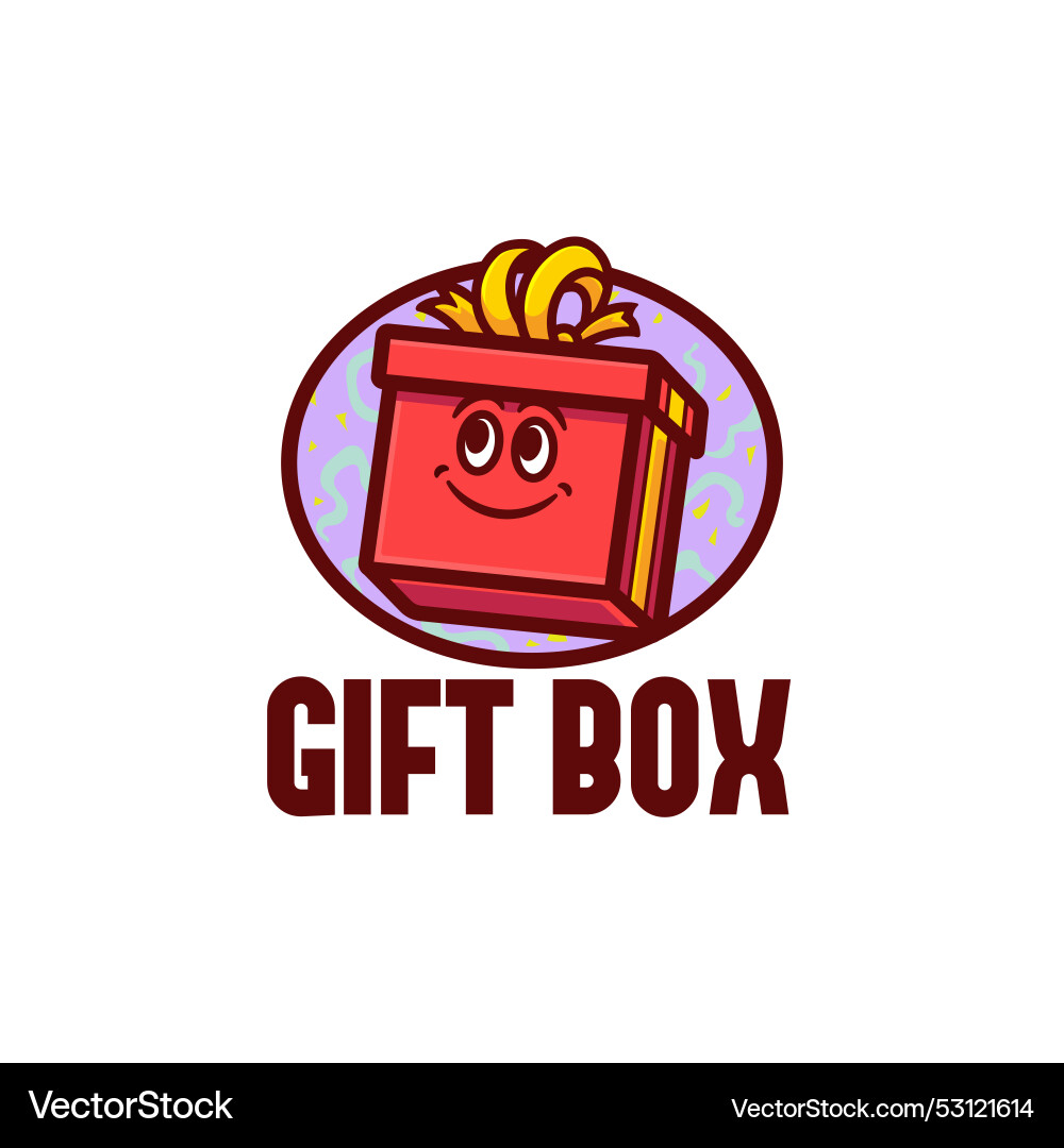 Logo gift box with a face cartoon character Vector Image