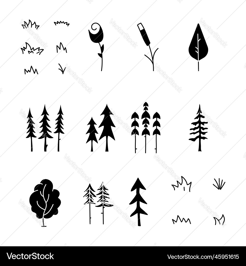Simple silhouette tree icons collection line art Vector Image
