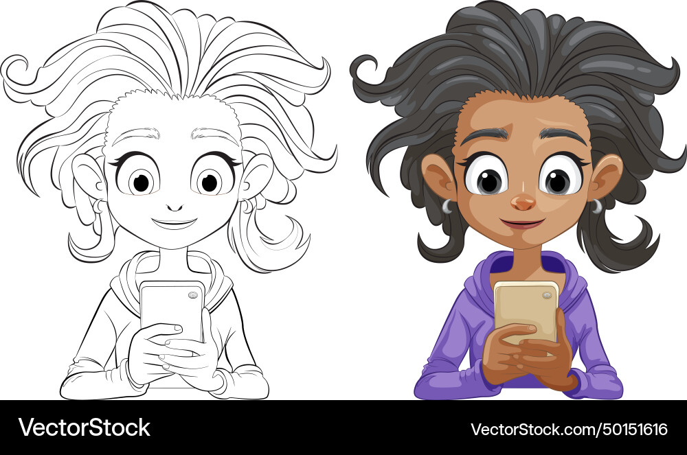 A girl using smartphone colored and sketched Vector Image