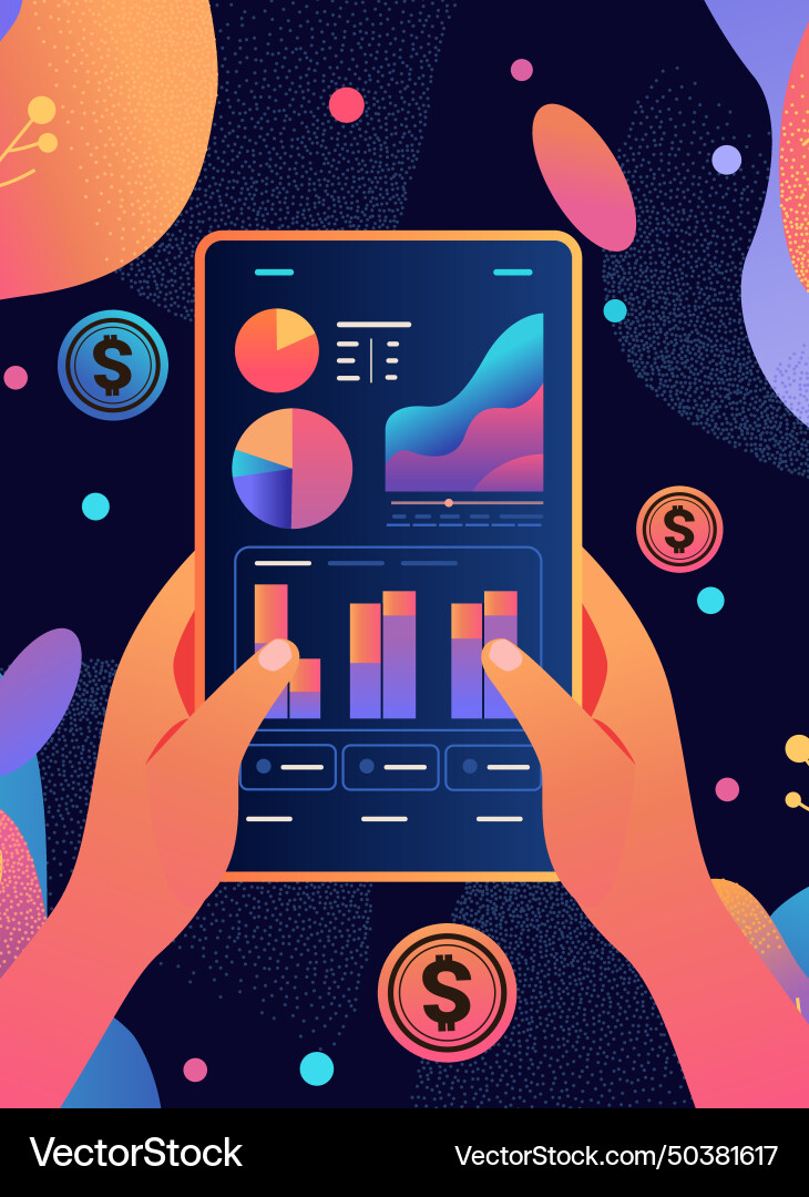 Human hands analyzing graphs on tablet screen Vector Image