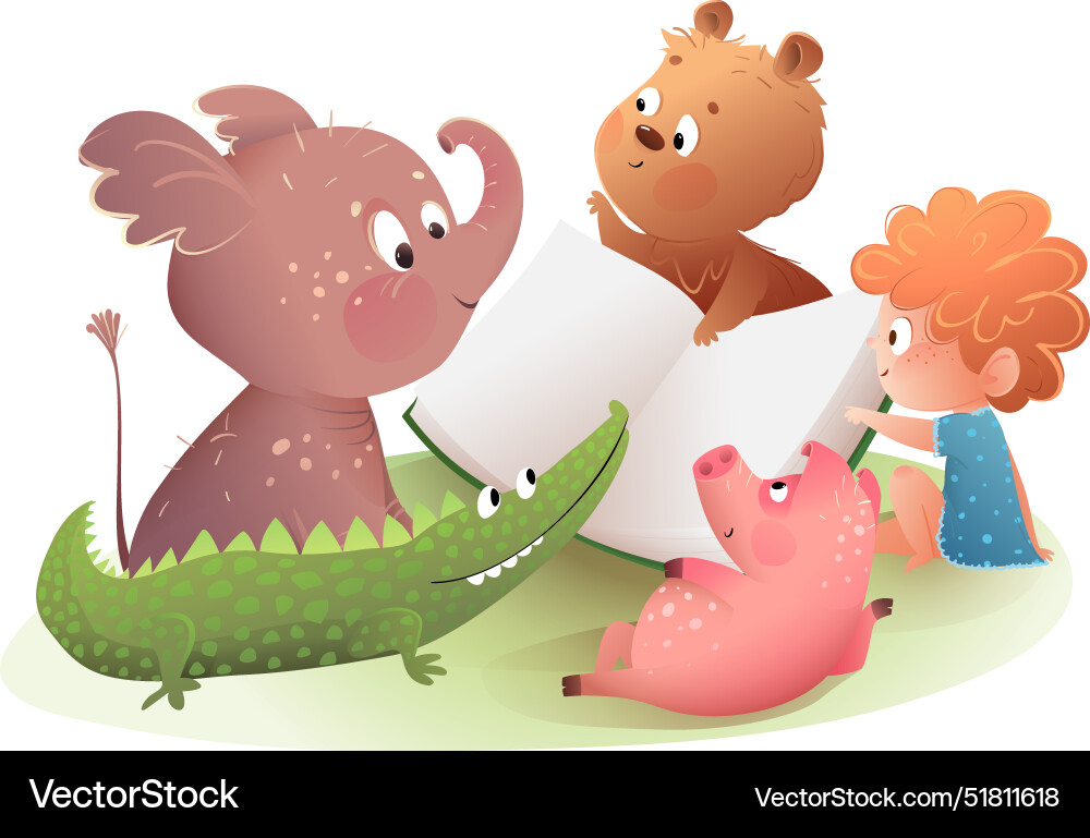 Animals and child reading fairy tales book cartoon