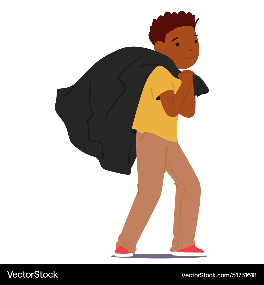 Cheerful child dragging black sack young boy Vector Image