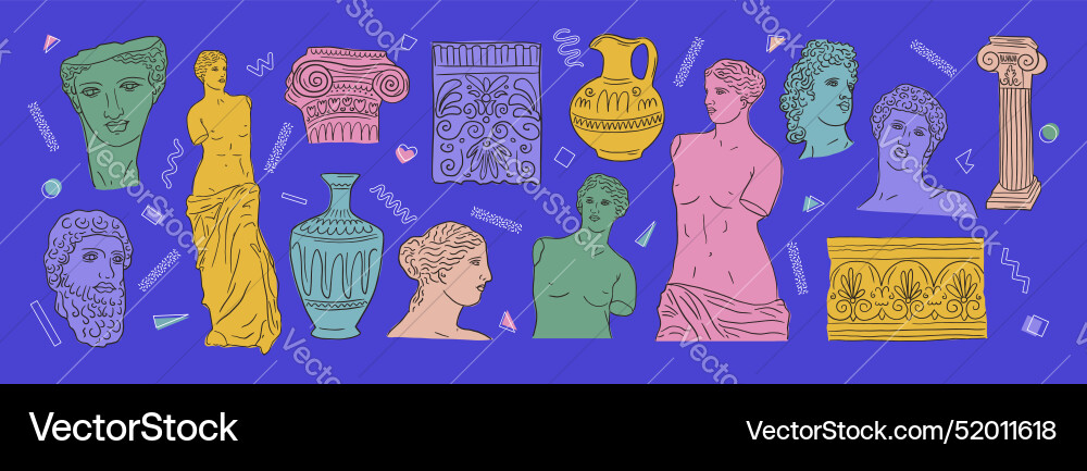 Greek ancient big set various antique statues Vector Image