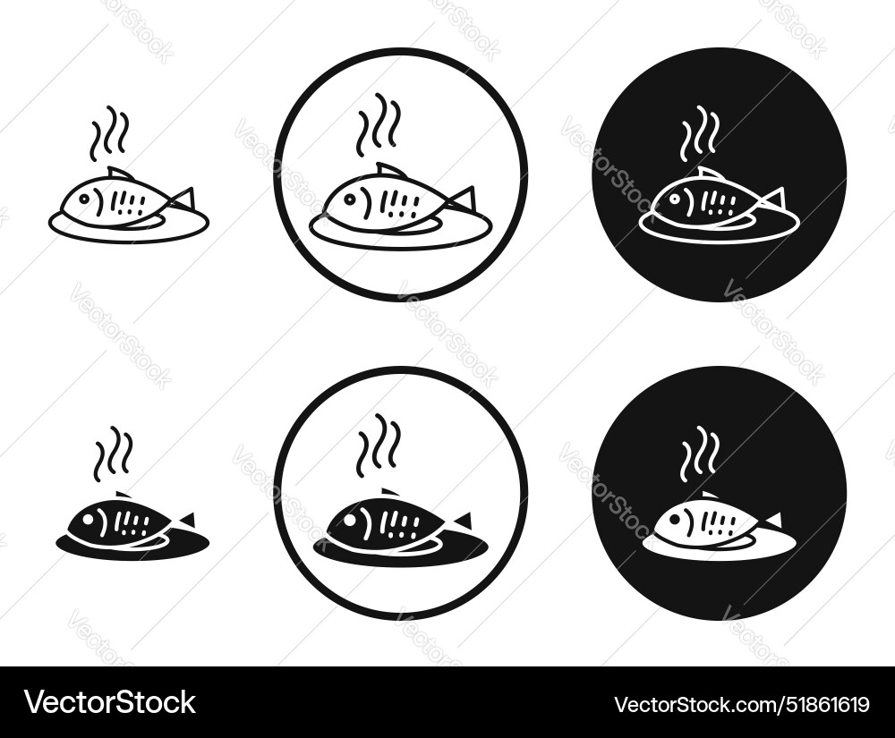 Cooked fish icon set in black and white outlines Vector Image