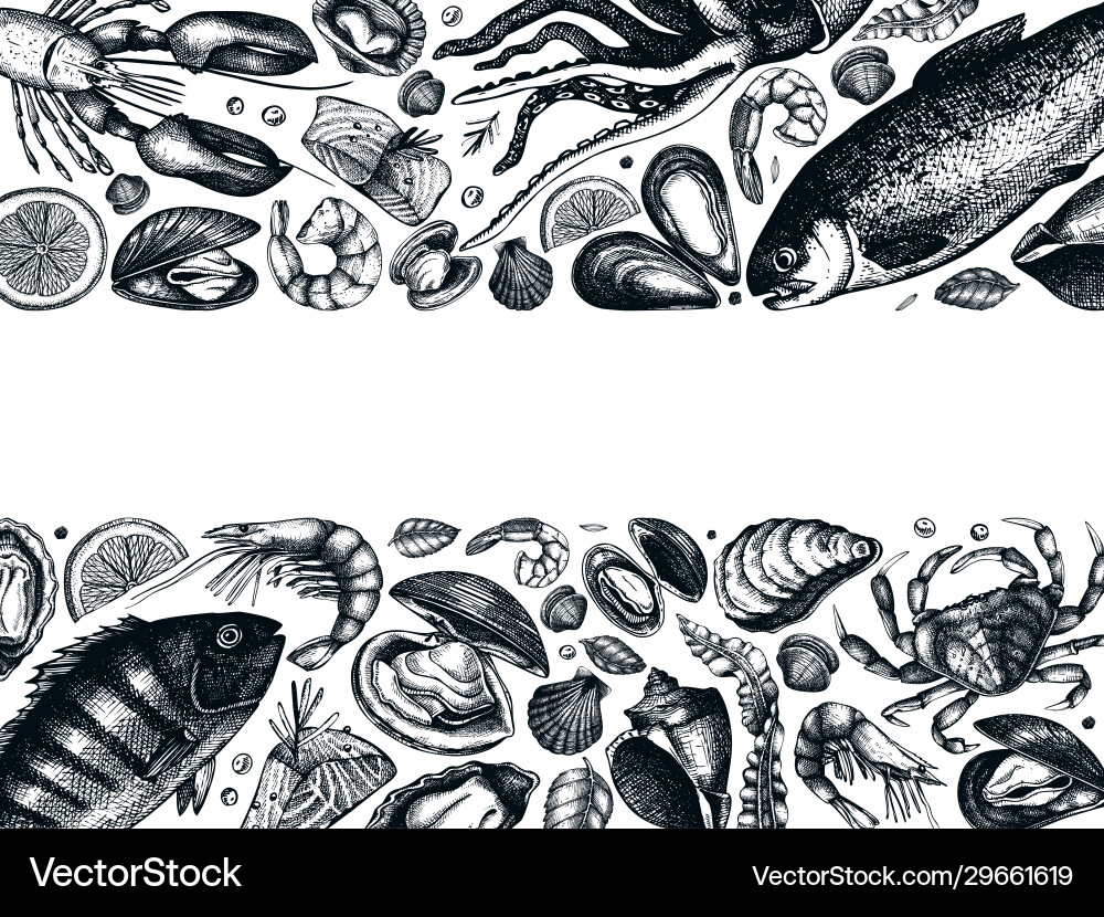 Hand drawn seafood frame design with fresh fish Vector Image