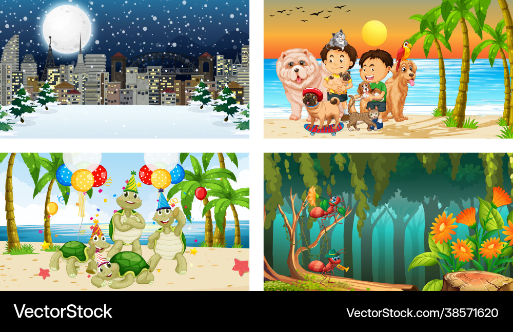 Four different scenes with children cartoon Vector Image