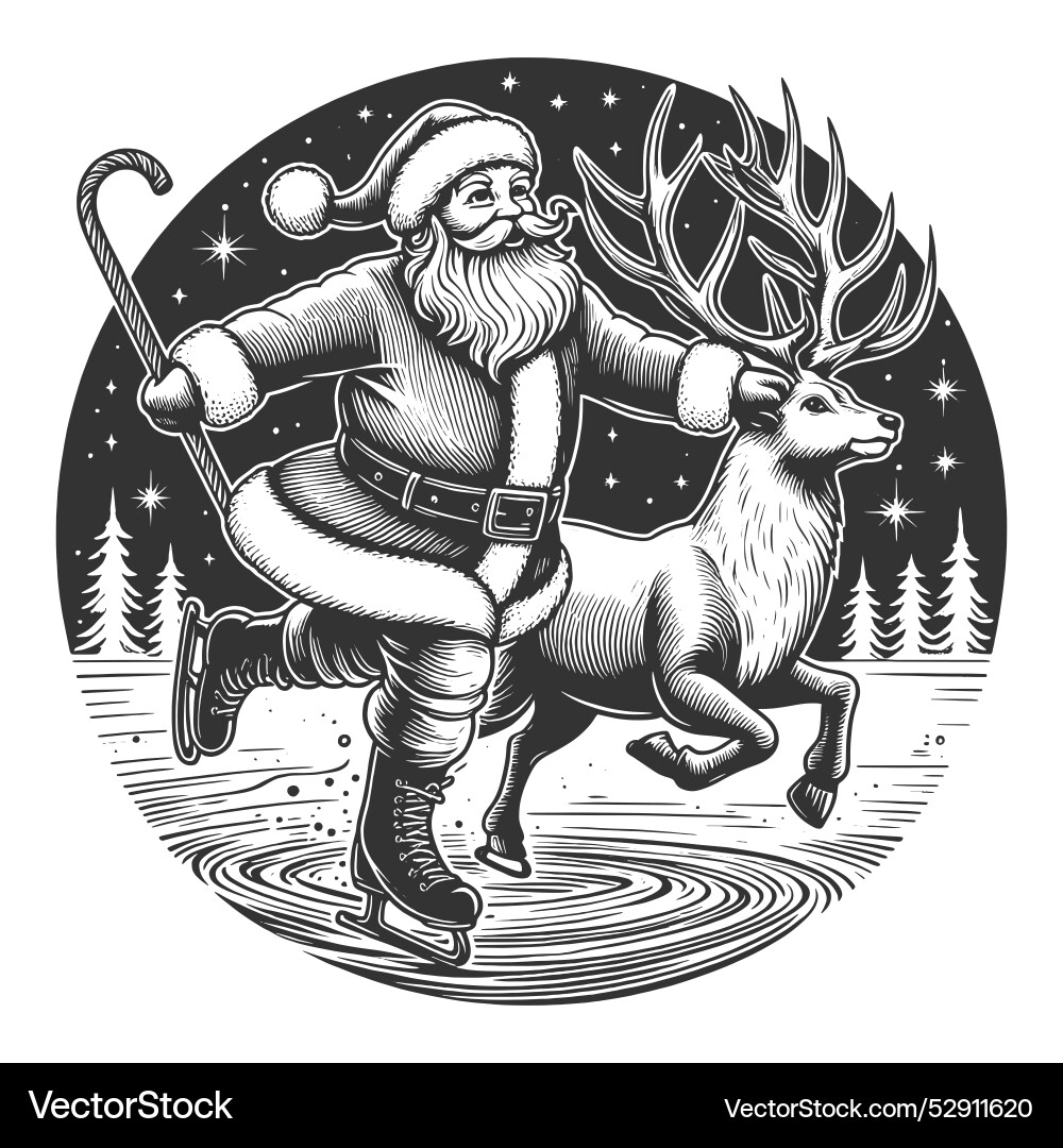 Santa ice skating reindeer Royalty Free Vector Image