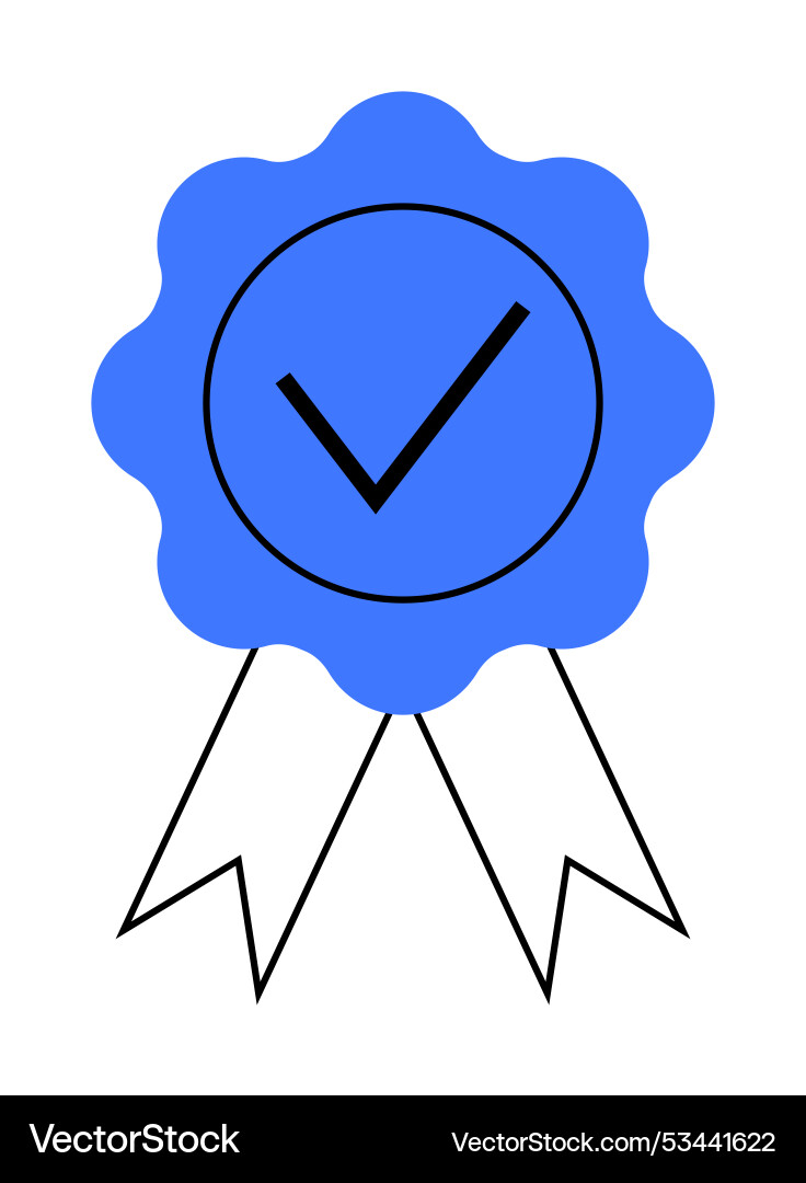 Blue ribbon with check mark emblem for achievement