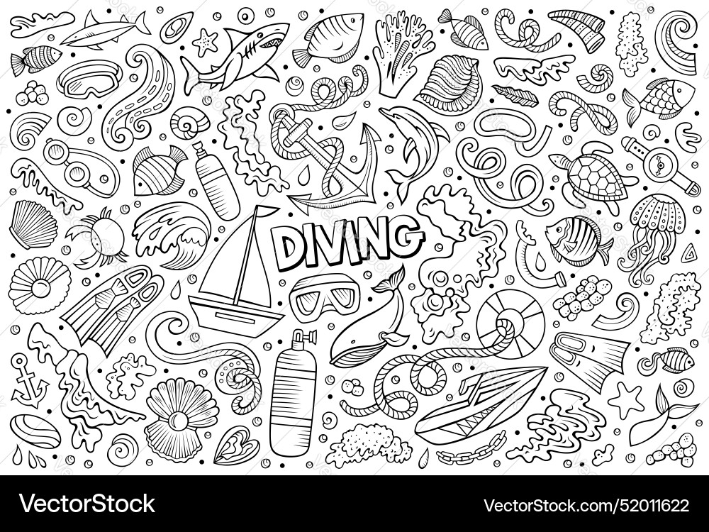 Cartoon set of diving theme items objects Vector Image