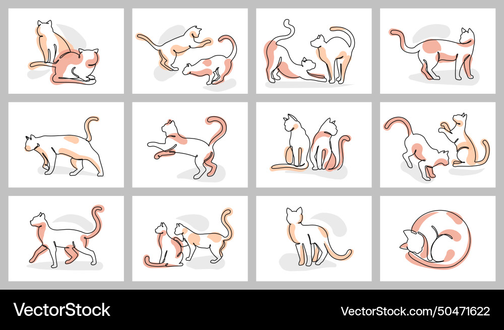 Continuous one line cat posters cute cats playing Vector Image