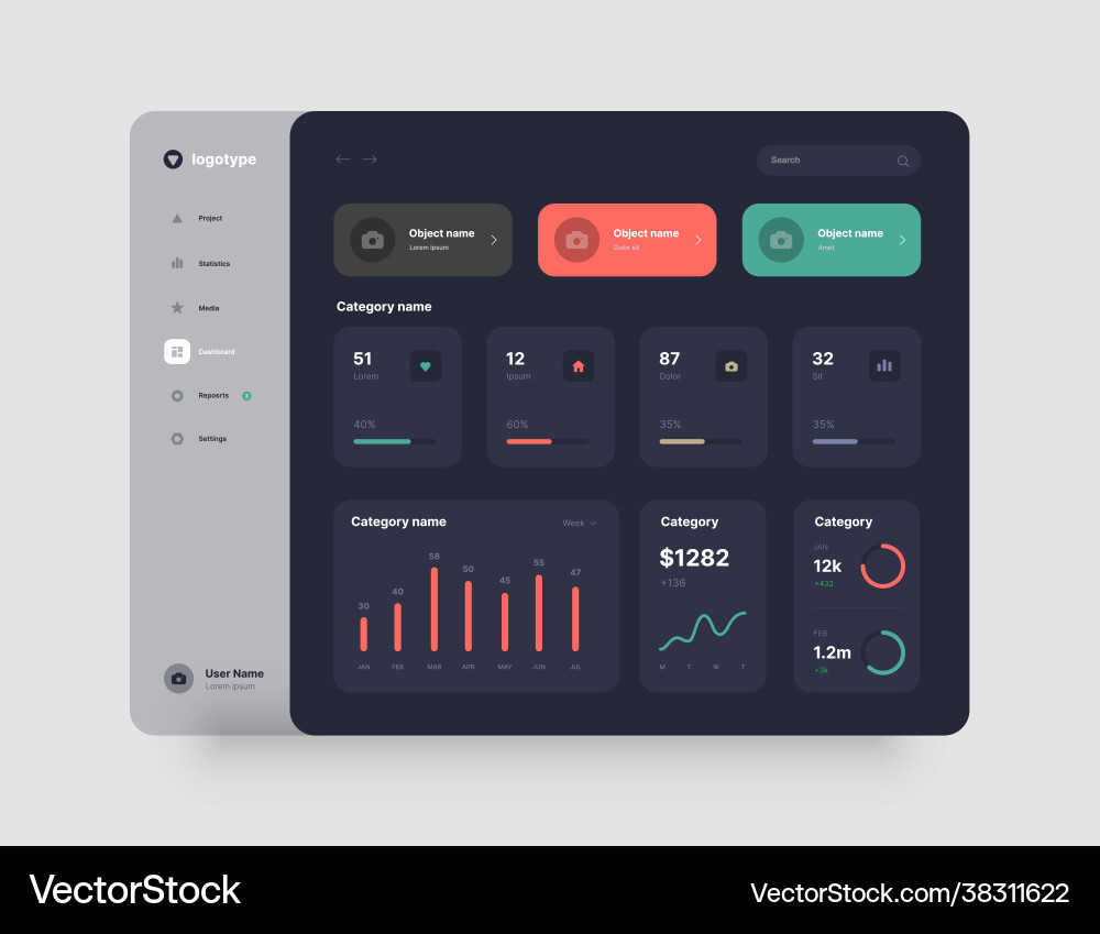 Dashboard UI Kit - Dark Mode Royalty Free Vector Image