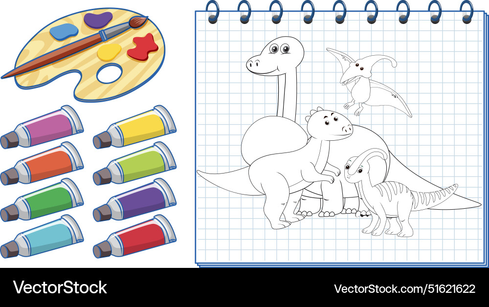 Dinosaur drawing with paint palette and tubes Vector Image