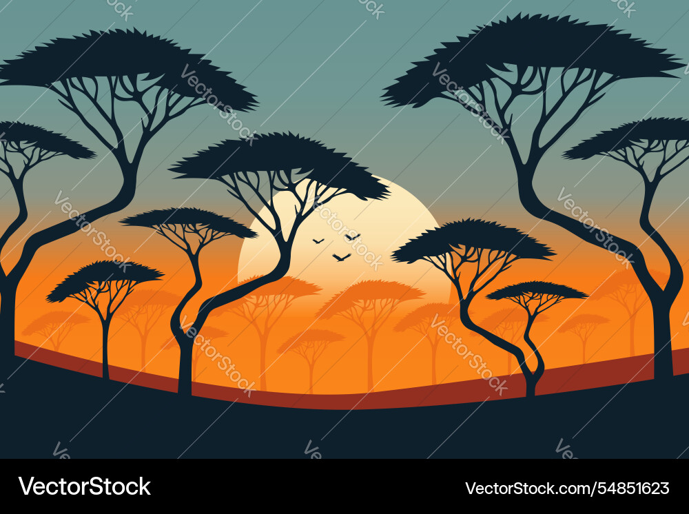 Savannah at sunset with tree silhouettes Vector Image