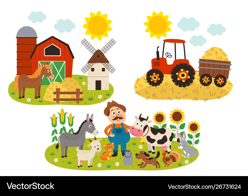 Basic rgb set isolated farm scenes Royalty Free Vector Image