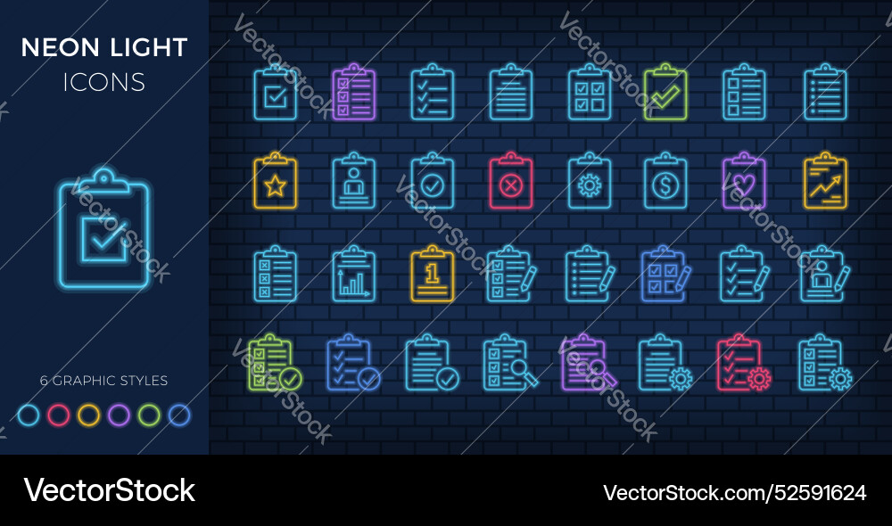 Clipboard line icons neon light style Royalty Free Vector