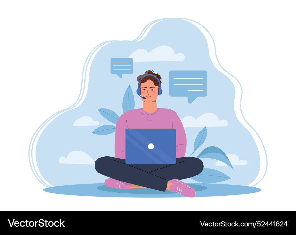 Customer service man wearing headset sits Vector Image