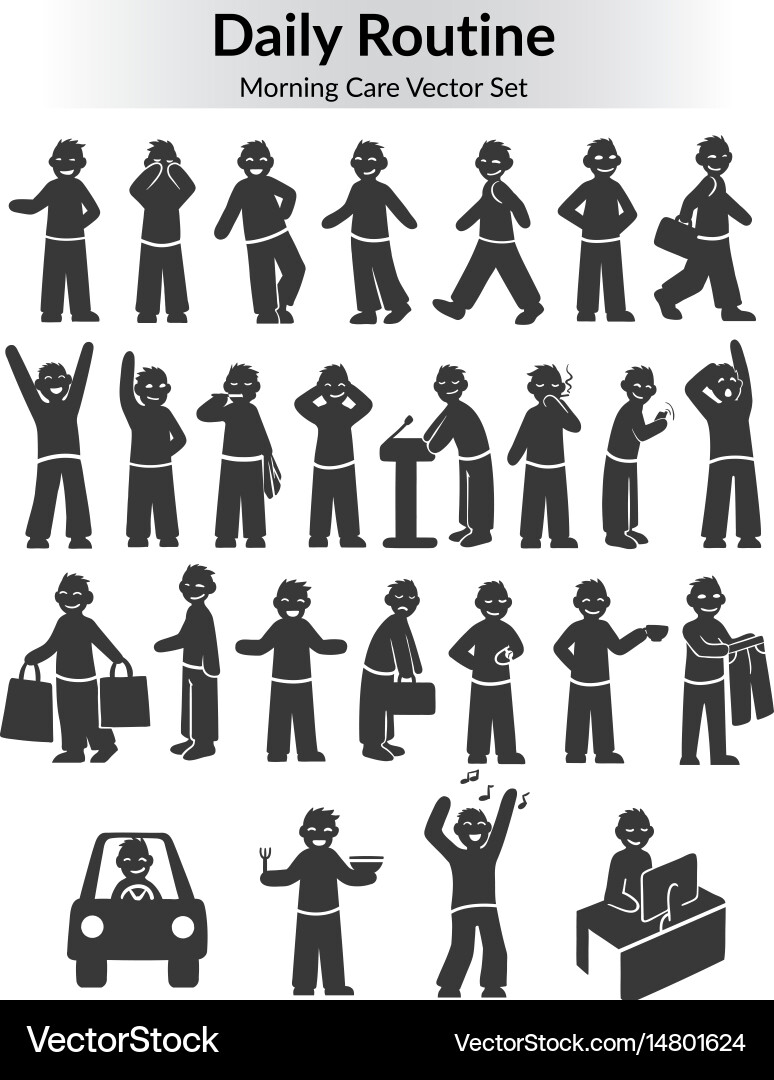 Monochrome doodle daily routine set Royalty Free Vector