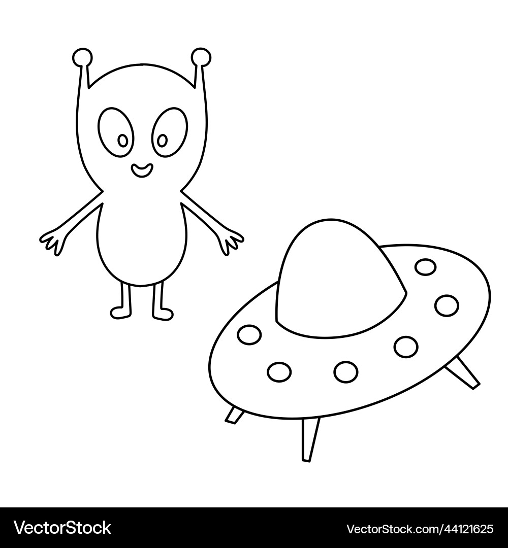 Cartoon outline alien and ufo line Royalty Free Vector Image