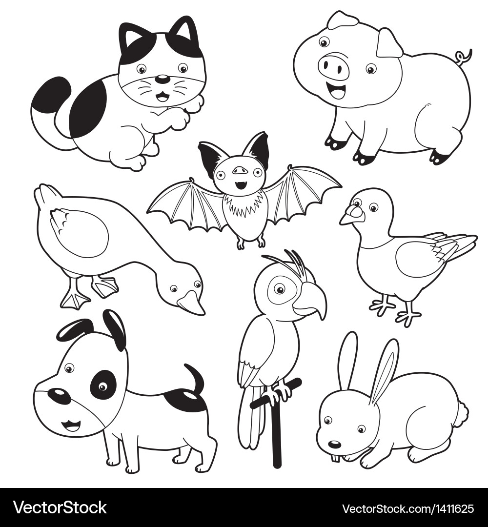 Cute animals black and white set Royalty Free Vector Image