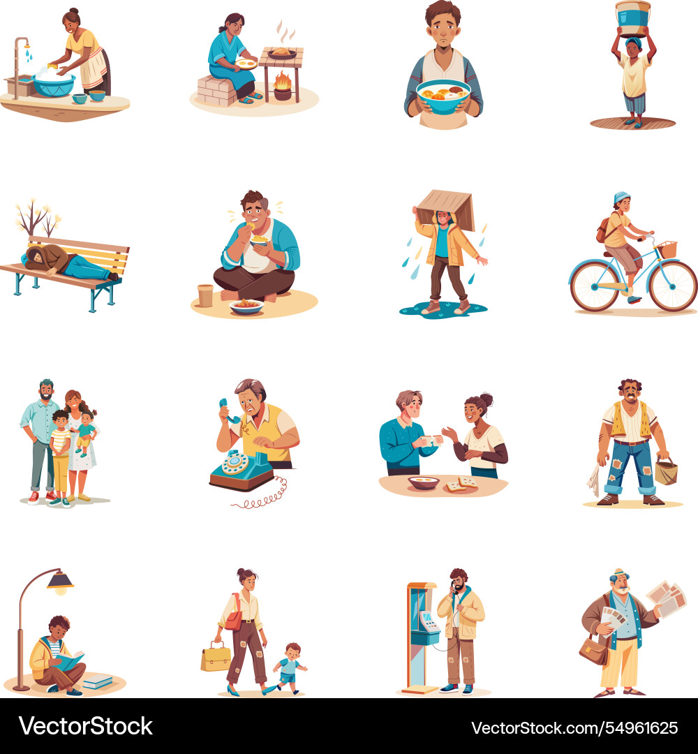 Set of flat style indigent characters Royalty Free Vector