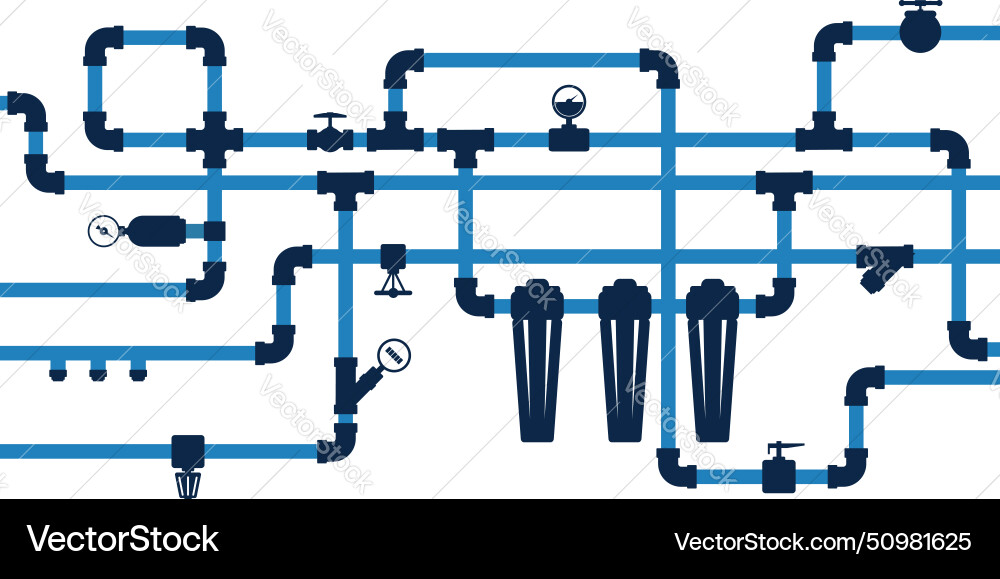 Water pipe system with valves and filters Vector Image