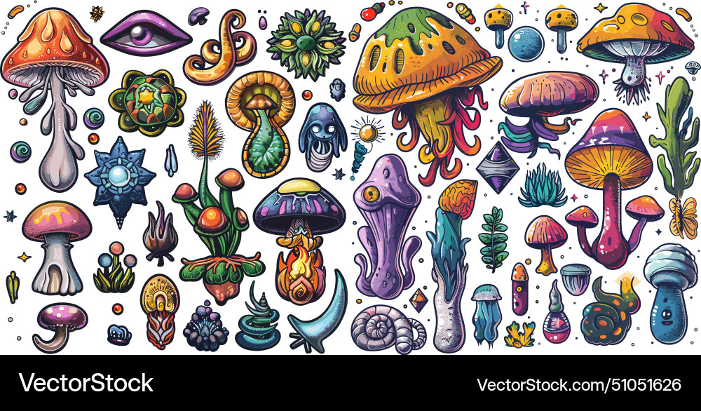 Psychedelic cartoon elements rave trippy mushroom Vector Image