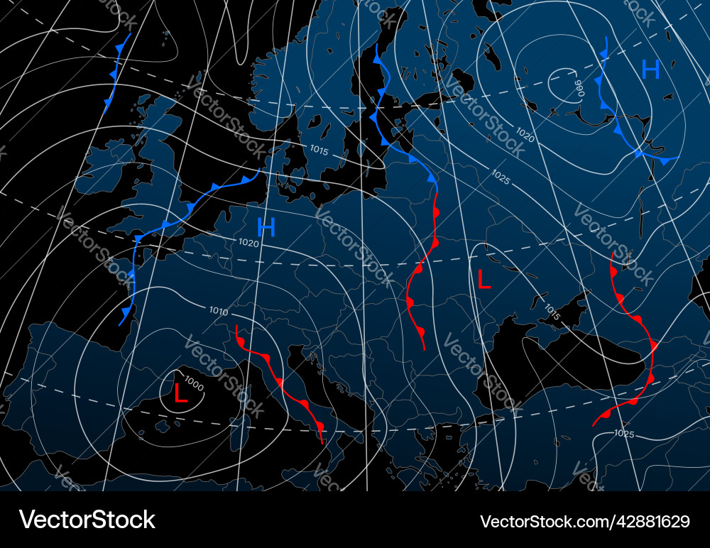 Forecast weather isobar night map of europe Vector Image